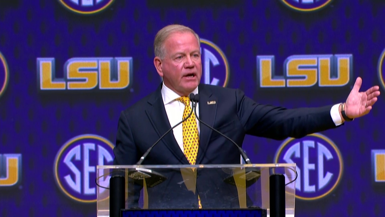 WATCH: LSU Brian Kelly 2025 SEC Football Media Days Main Media Room ...